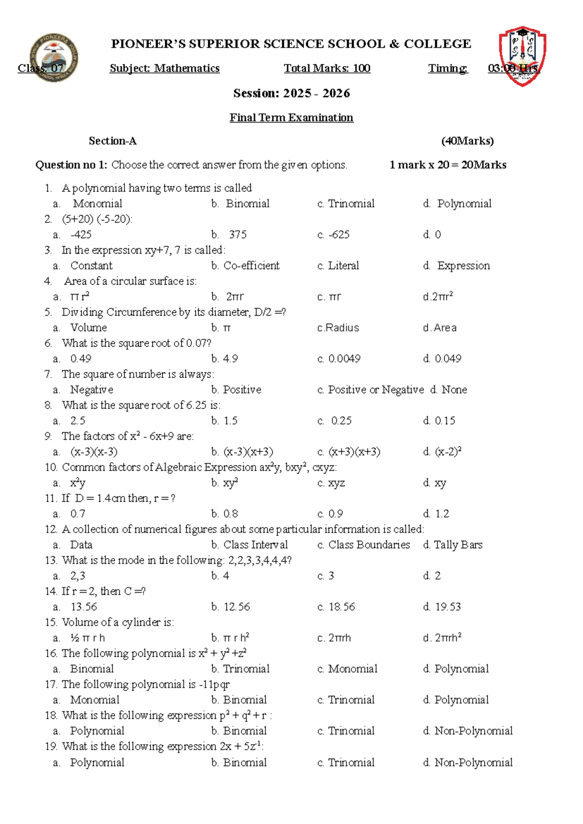 Maths Class 7 Final Term Exam Questions (Session 2025-2026) - Studocu
