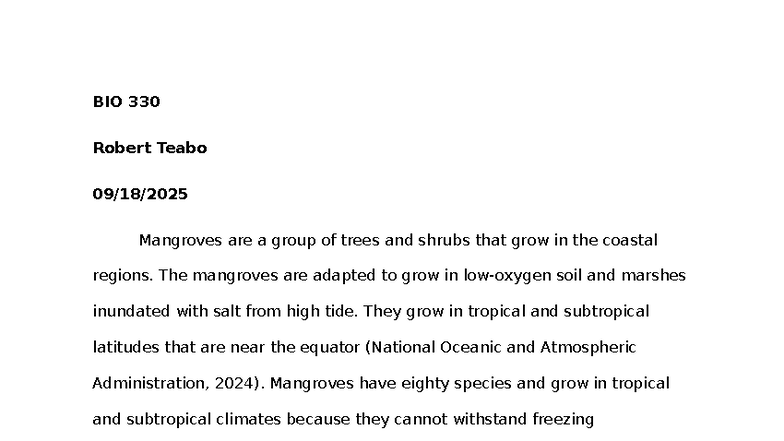 BIO 330 Short Paper: Conservation of Mangrove Ecosystems - Studocu