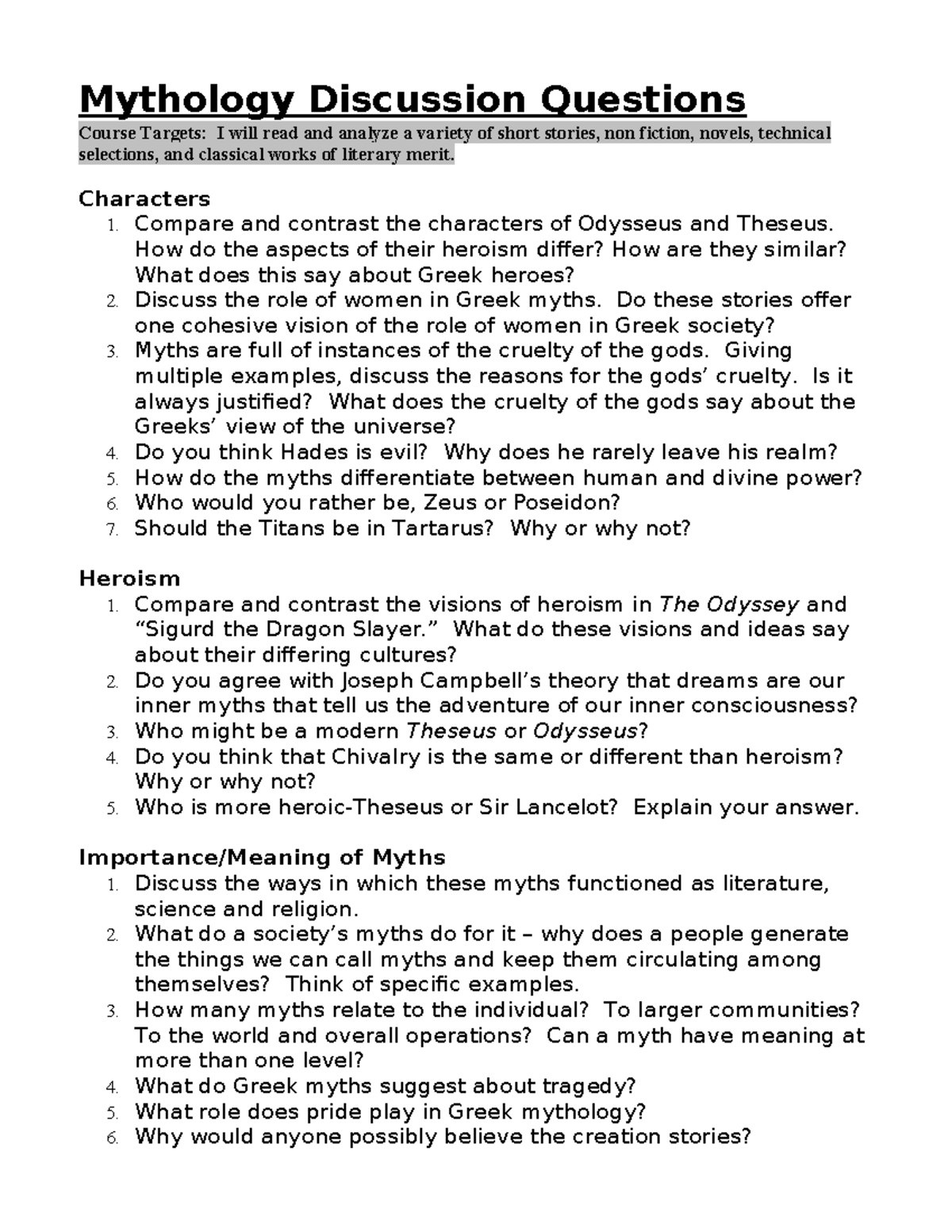 Mythology Discussion Questions - Mythology Discussion Questions Course ...