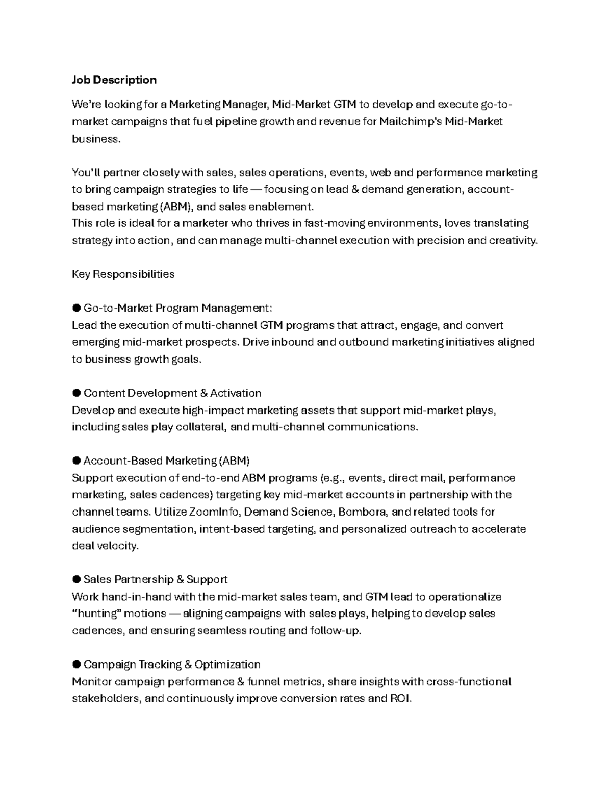 Intuit Marketing Manager ABM Job Description and Responsibilities - Studocu
