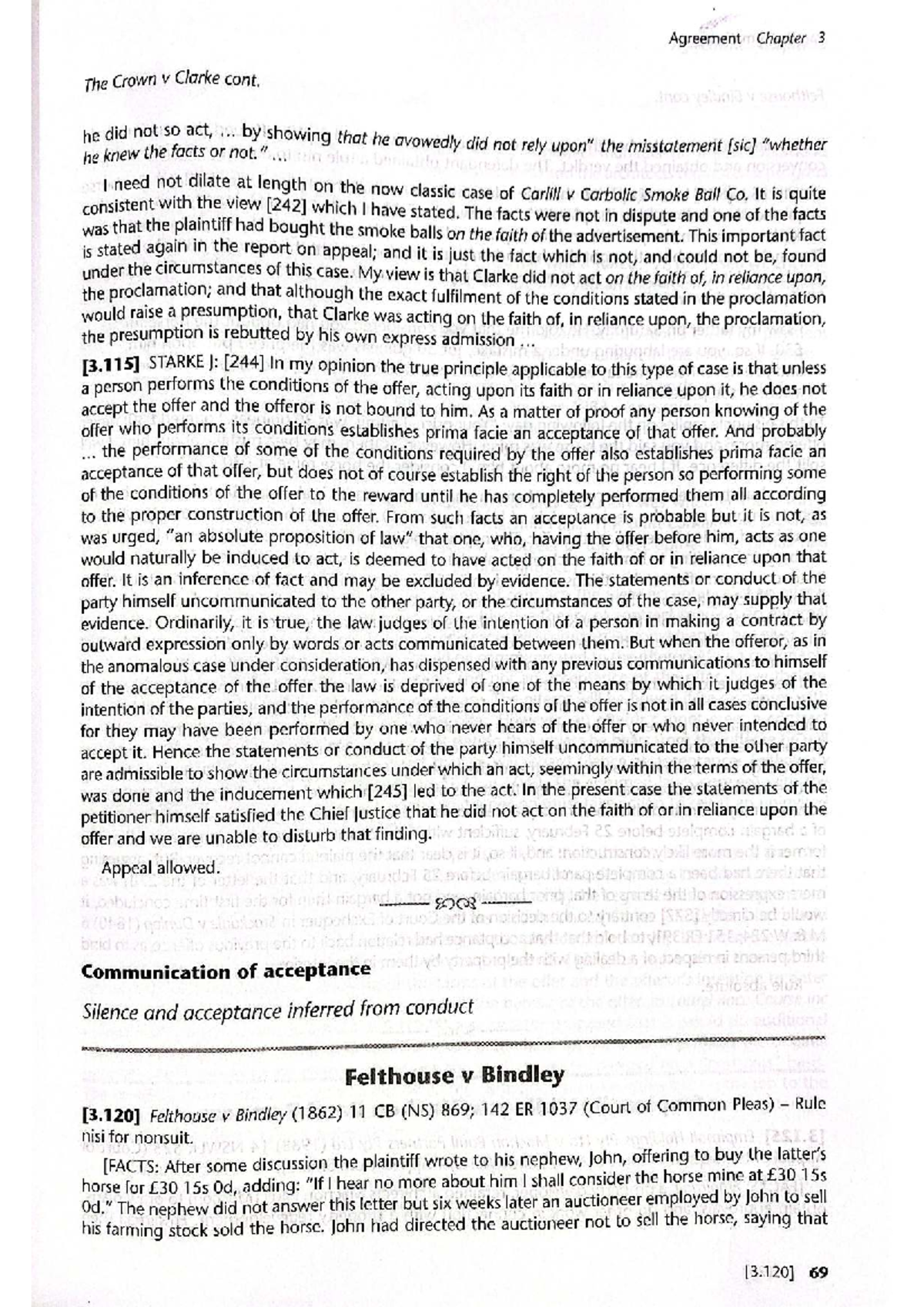 Agreement Chapter 3: The Crown v Clarke & Felthouse v Bindley Analysis ...