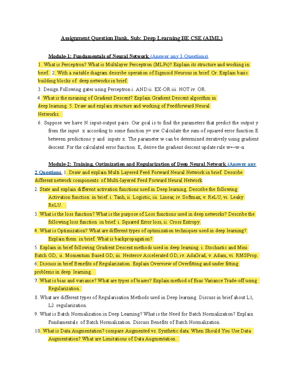 DL BE CSE (AIML) Assignment Q Bank: Neural Networks & Optimization - Studocu