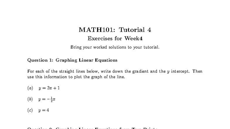 MATH101: Week 4 Tutorial Exercises on Graphing & Quadratics - Studocu