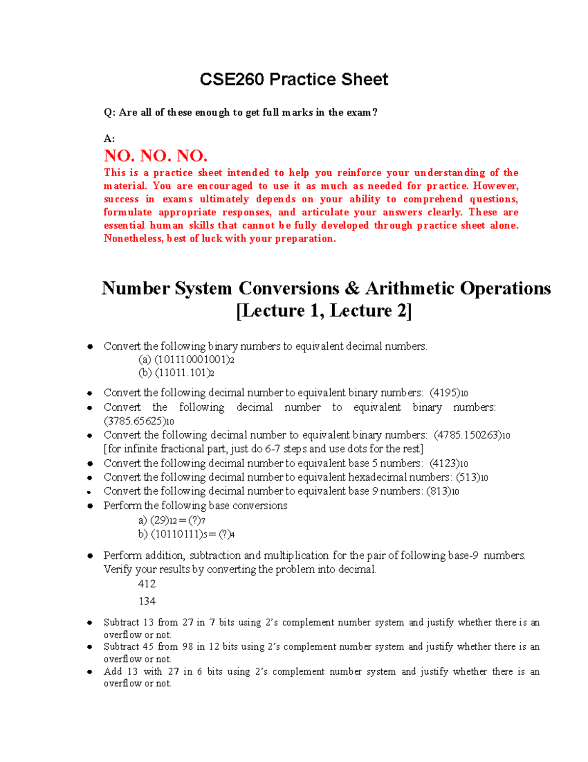 CSE260 Practice Sheet: Infinite Number System Conversions & Boolean ...