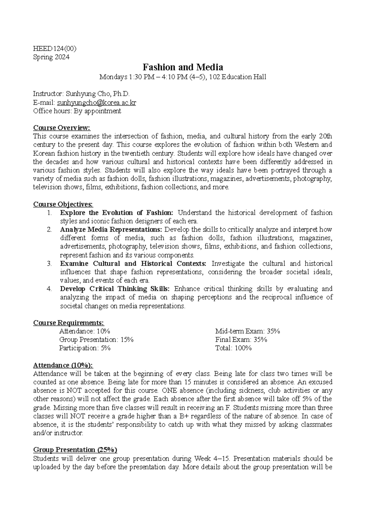 HEED124(00) - Spring 2024 Fashion and Media Course Syllabus - Studocu