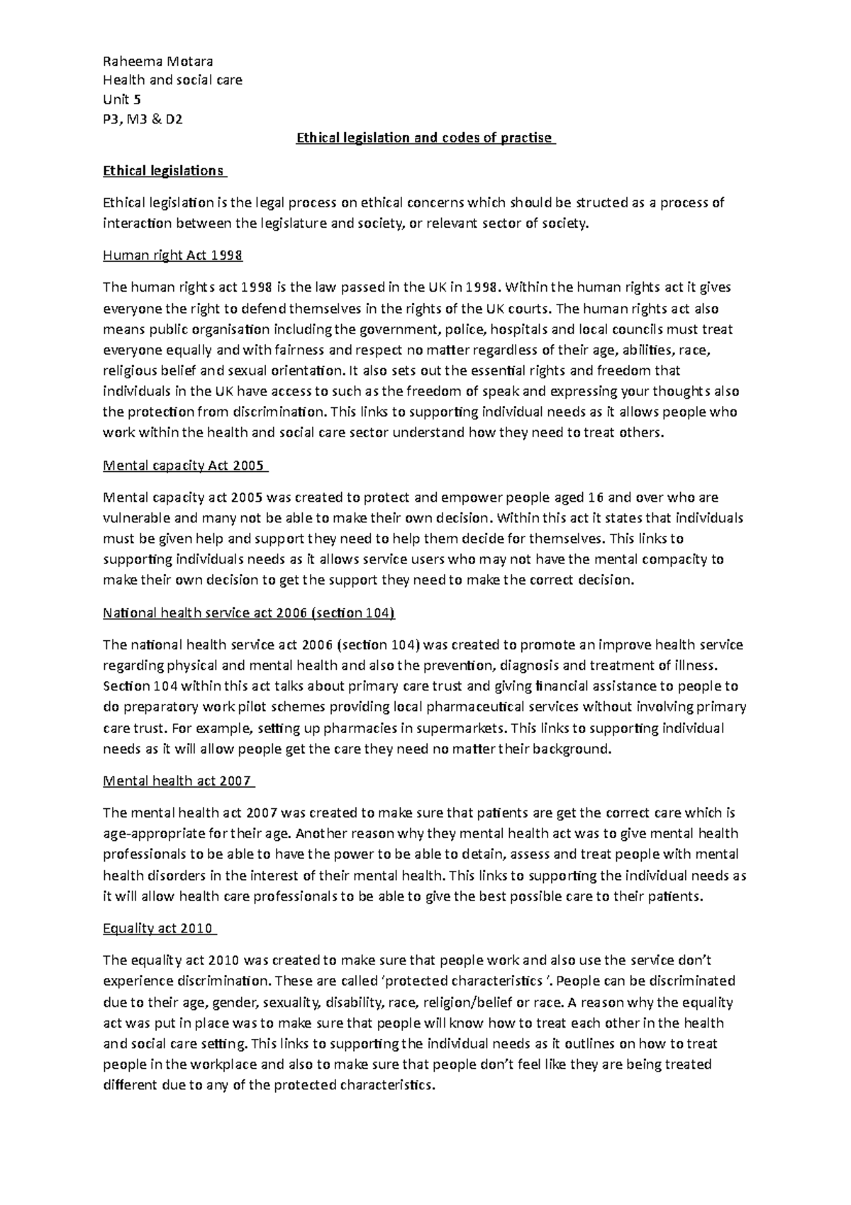 Unit 5 P3, M3 & D: Ethical Legislation & Codes of Practice in HSC - Studocu