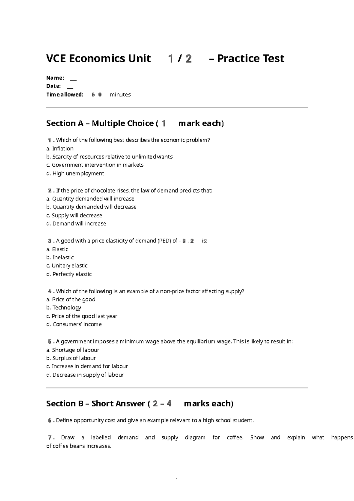 VCE Economics Unit 1/2 Practice Test: Key Concepts & Questions - Studocu