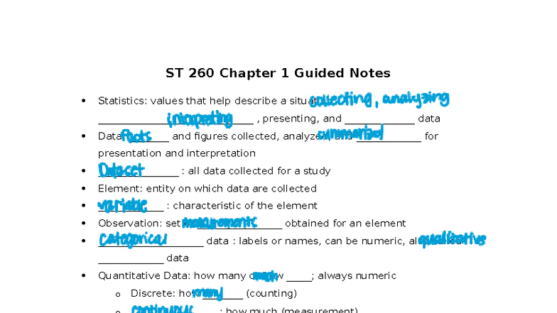 ST 260 Chapter 1 Guided Notes on Statistics and Data Analysis - Studocu