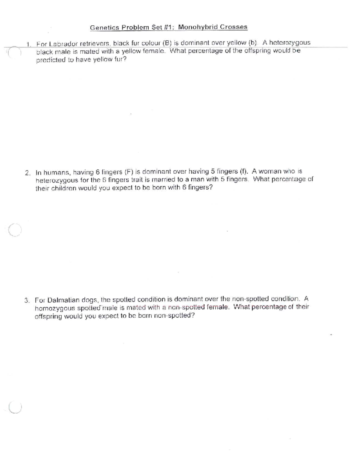 Genetics Problem Set: Monohybrid Crosses & Punnett Squares - Studocu