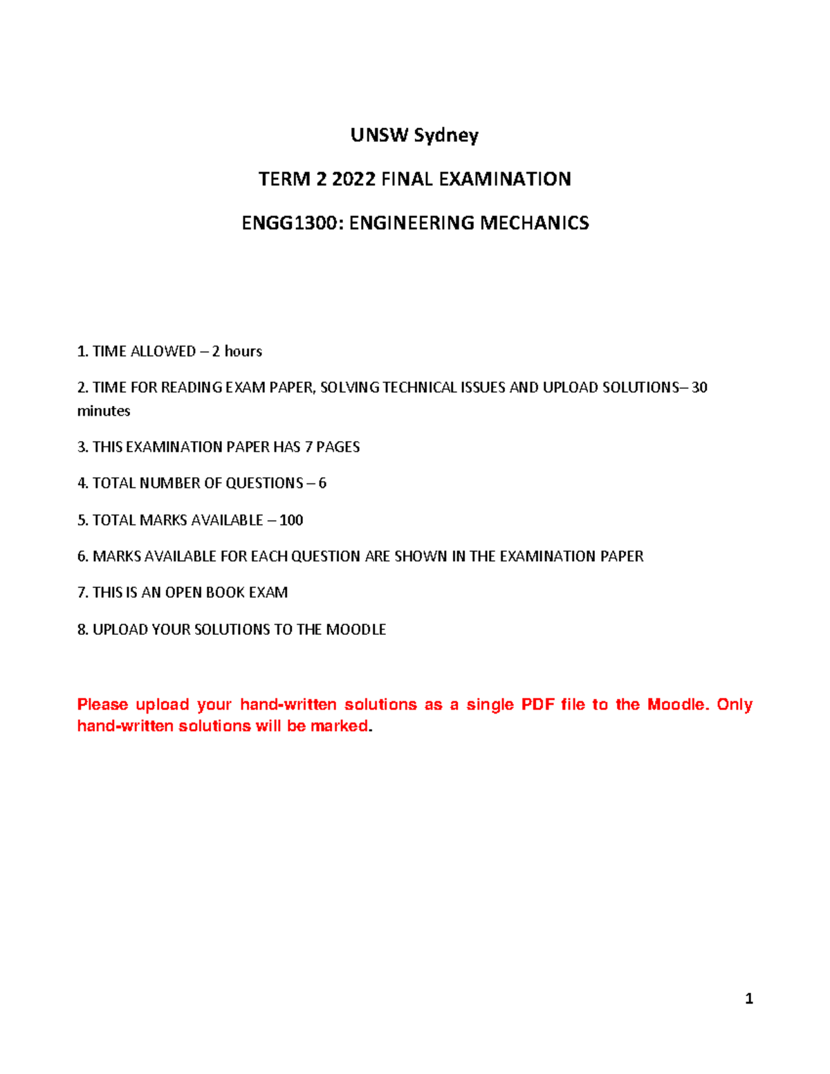 ENGG1300 T2 2022 Final Exam Solutions - Engineering Mechanics - Studocu