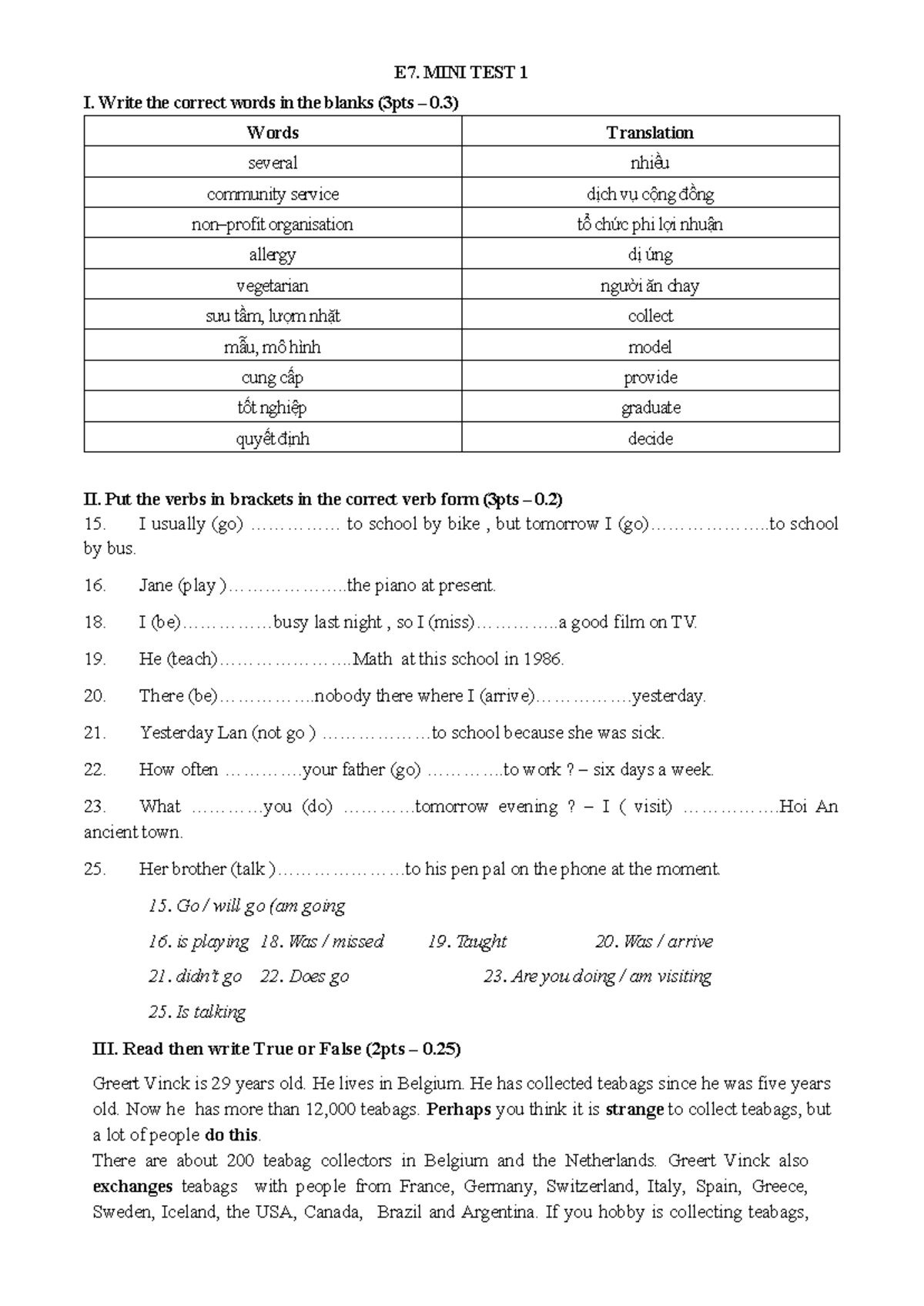 E7. Mini Test 1 Key: Vocabulary & Verb Forms - Studocu