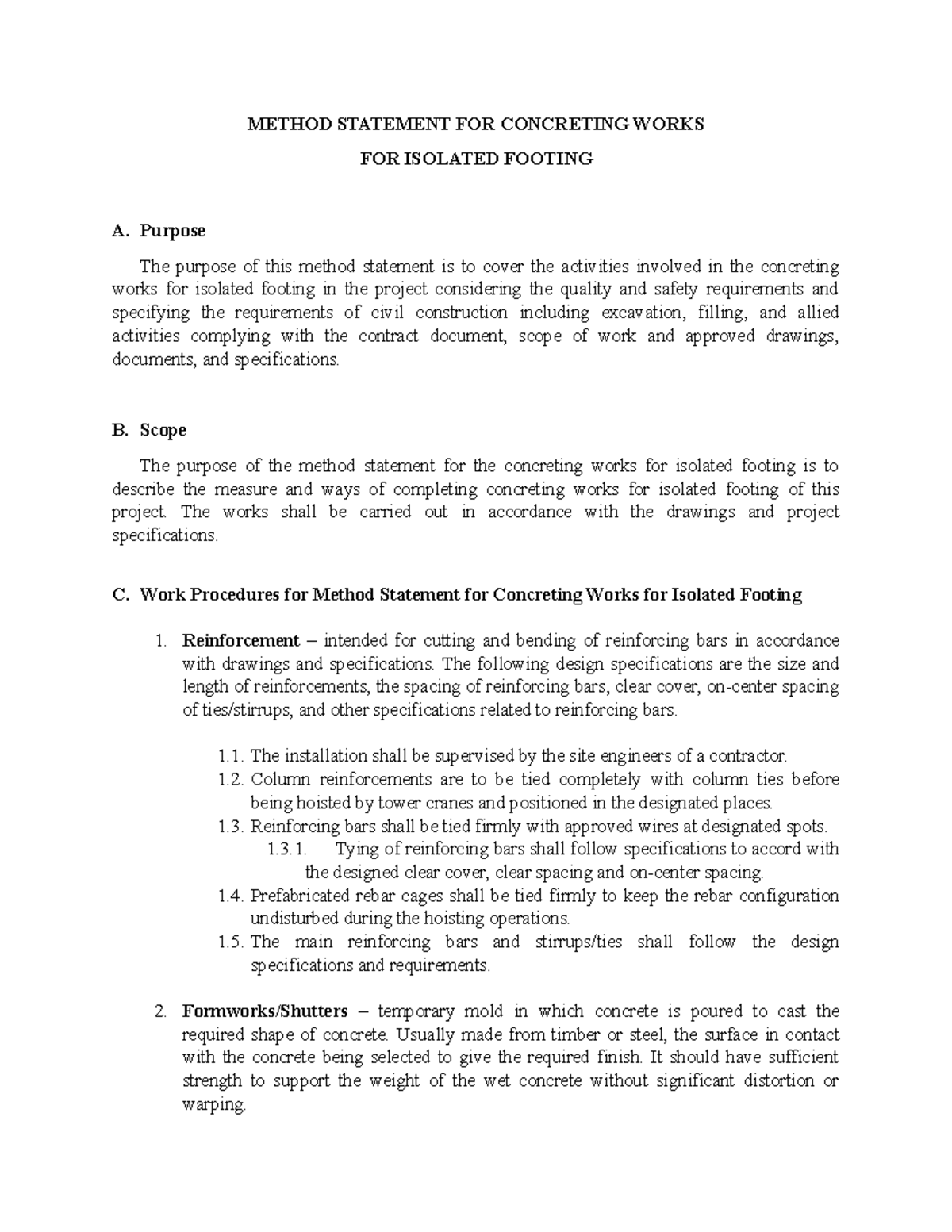 Method Statement for Concreting Isolated Footing Works - Keyan - Studocu