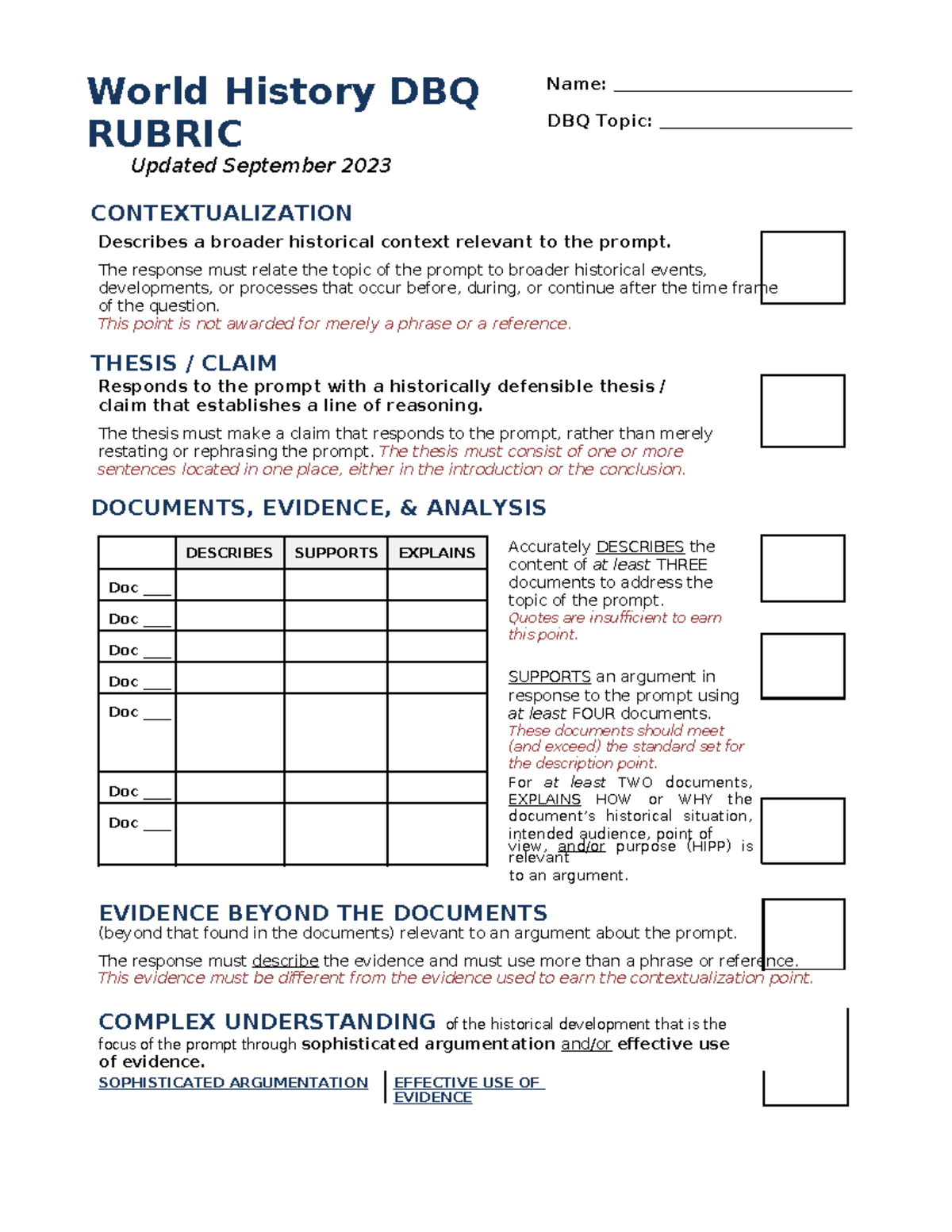 Apwh Dbq Rubric DBQ Scoring Rubric By Living History | TPT