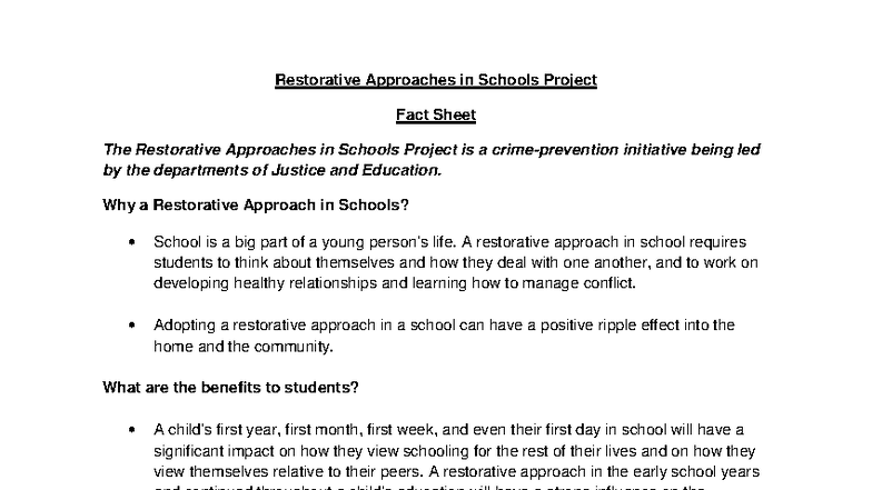 Restorative Approaches in Schools: Project Fact Sheet - Studocu