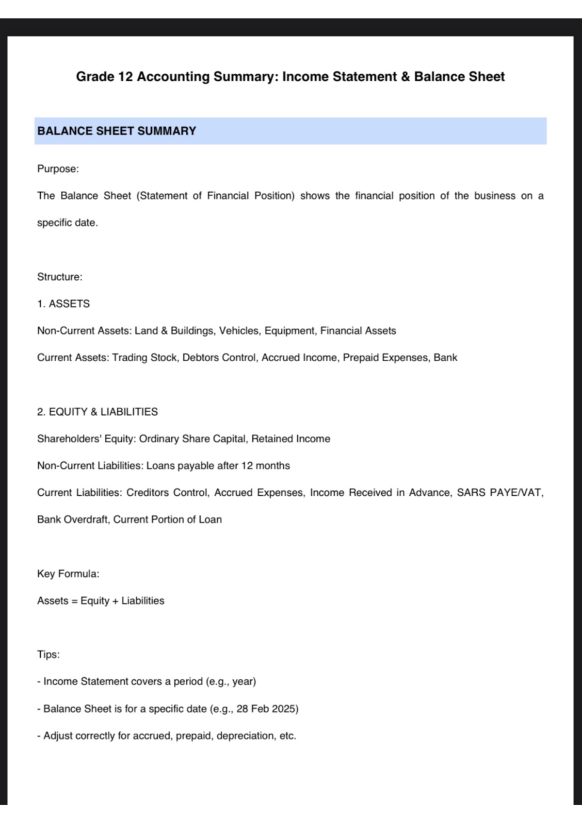 Grade 12 Accounting: Balance Sheet Summary & Key Formulas - Studocu