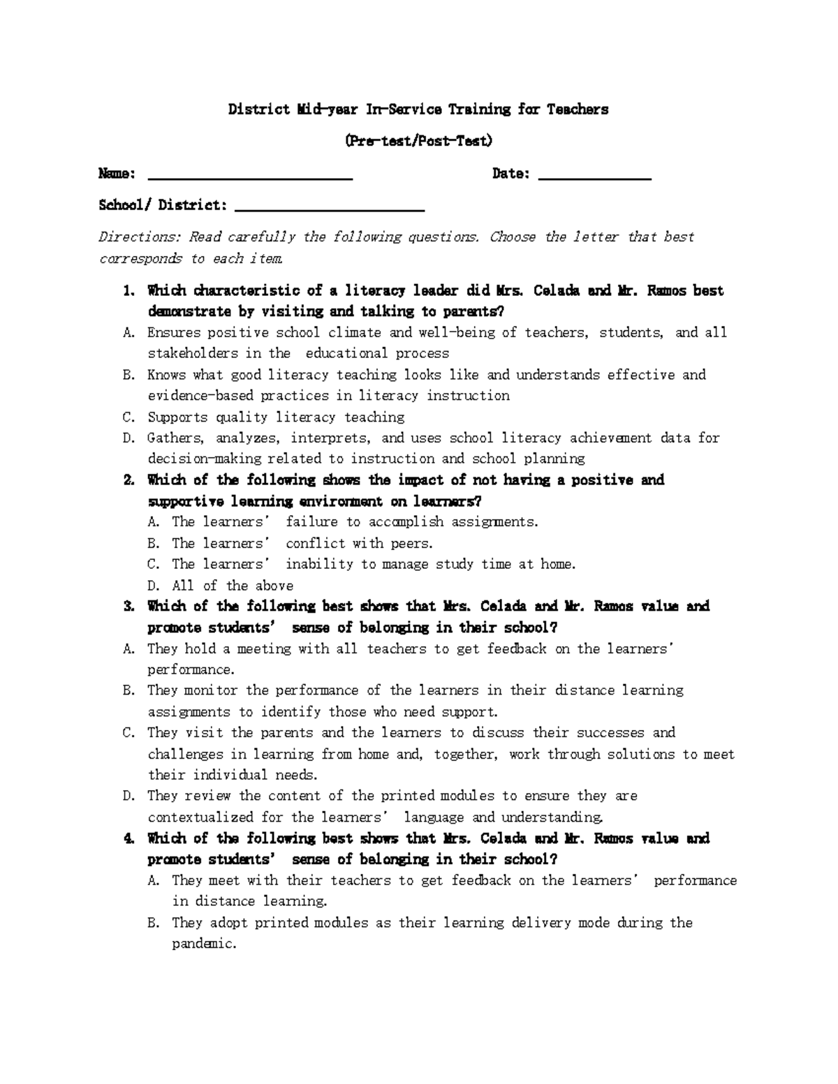 District Mid-Year Teacher Training Pre-Test/Post-Test (2023) - Studocu