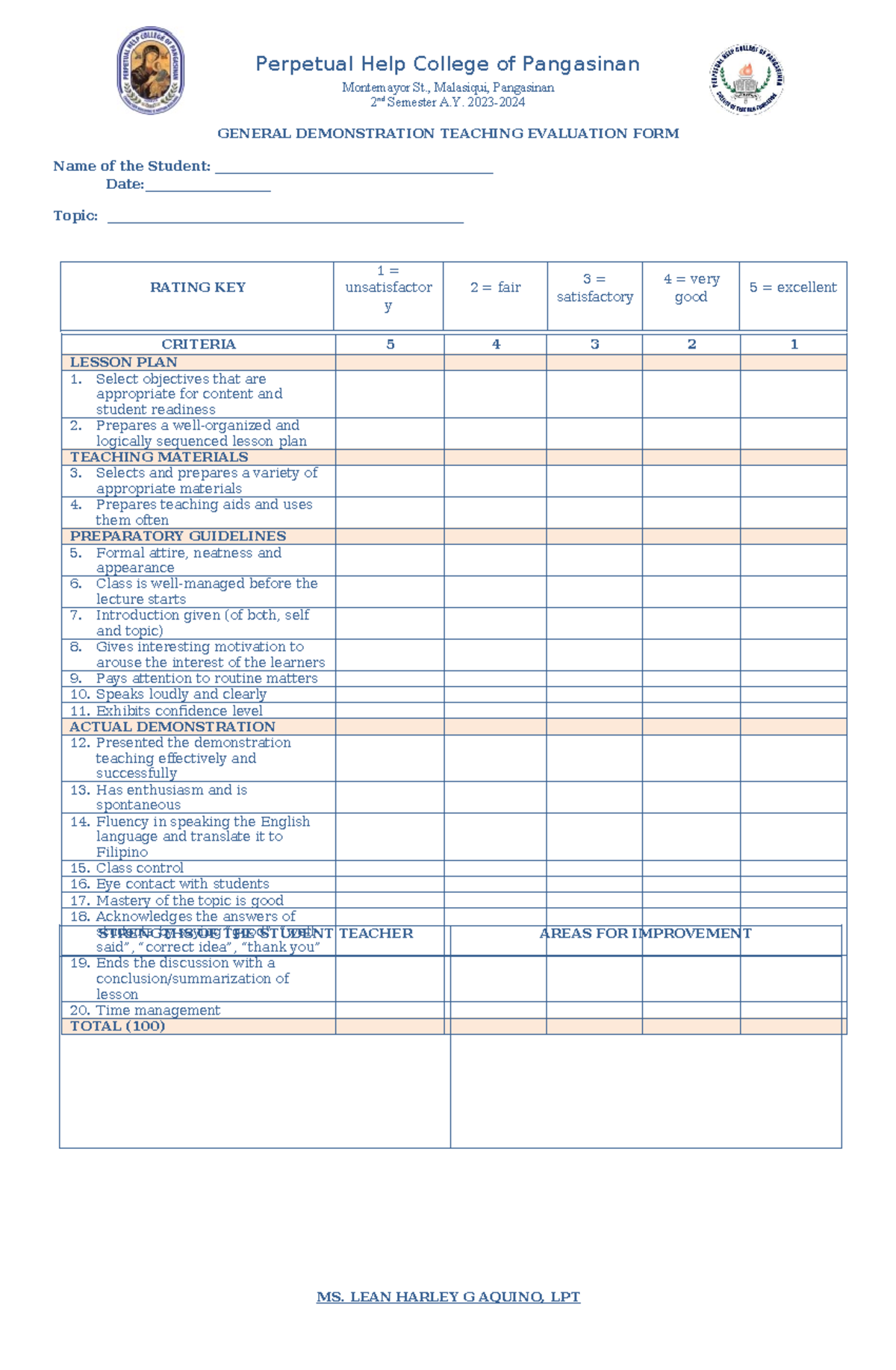 DEMO Teaching Evaluation FORM - Perpetual Help College of Pangasinan ...
