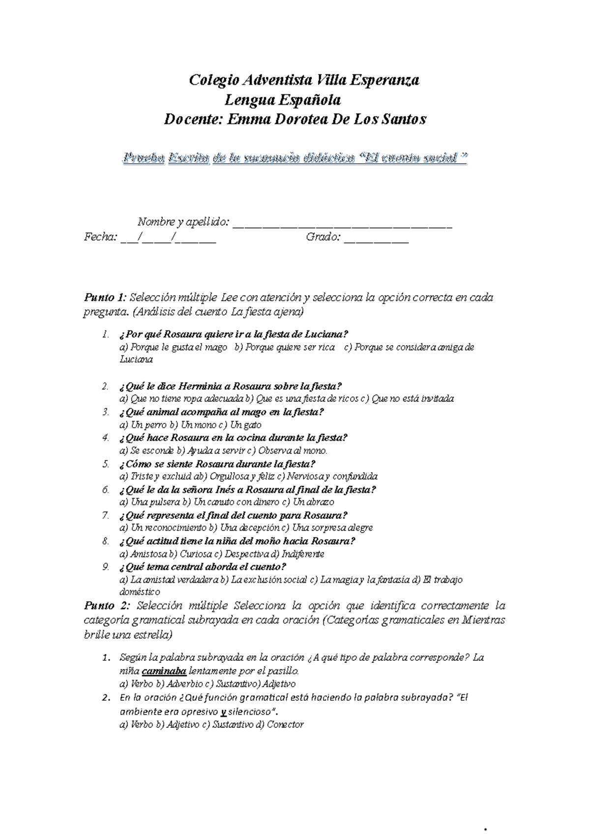 Prueba Escrita de Lengua Española - Secuencia 3RO - Studocu