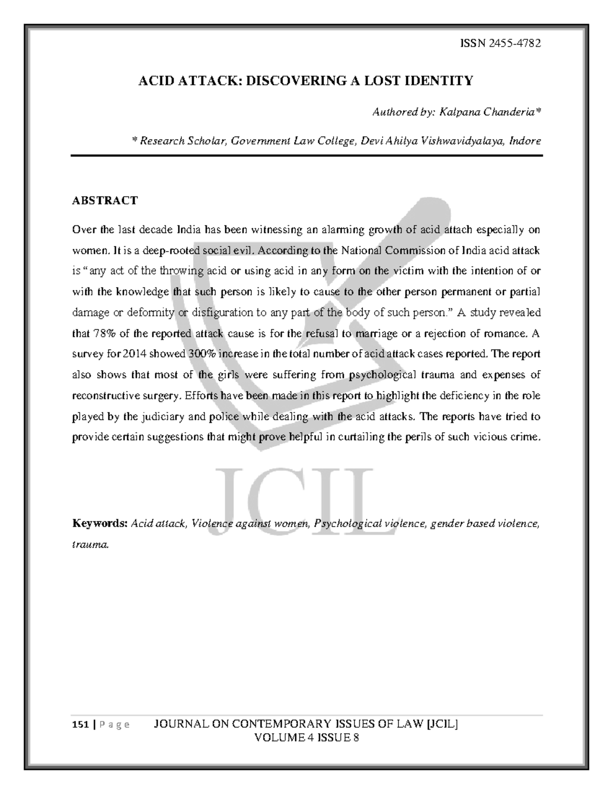 Legal Perspectives on Acid Attacks: An In-Depth Analysis (JCIL) - Studocu