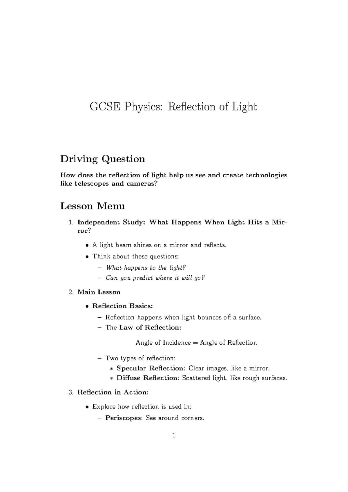 Waves lesson menu - GCSE Physics: Reflection of Light Driving Question ...