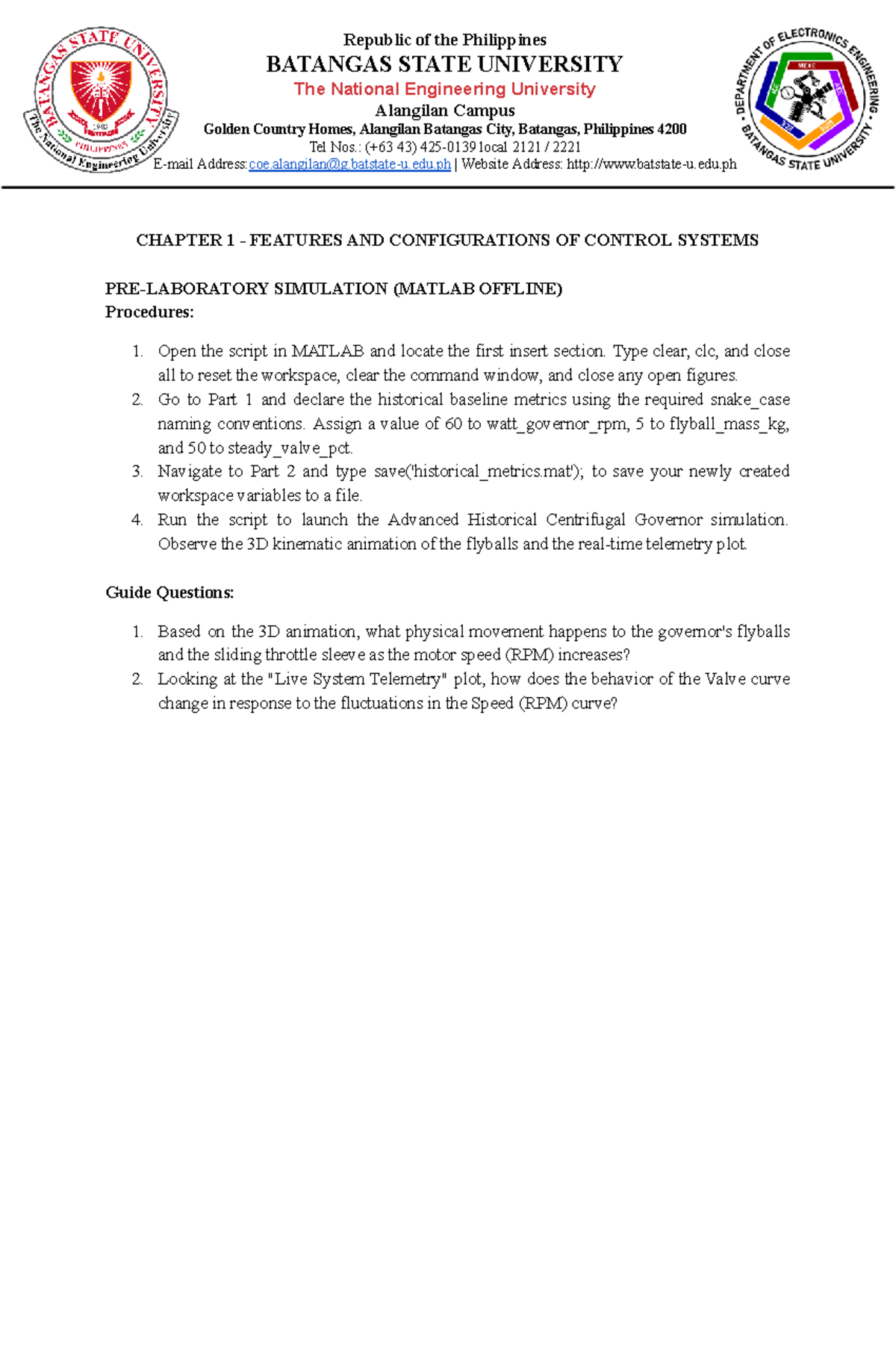 CHAPTER 1: CONTROL SYSTEMS SIMULATION (MATLAB) - BATANGAS STATE ...