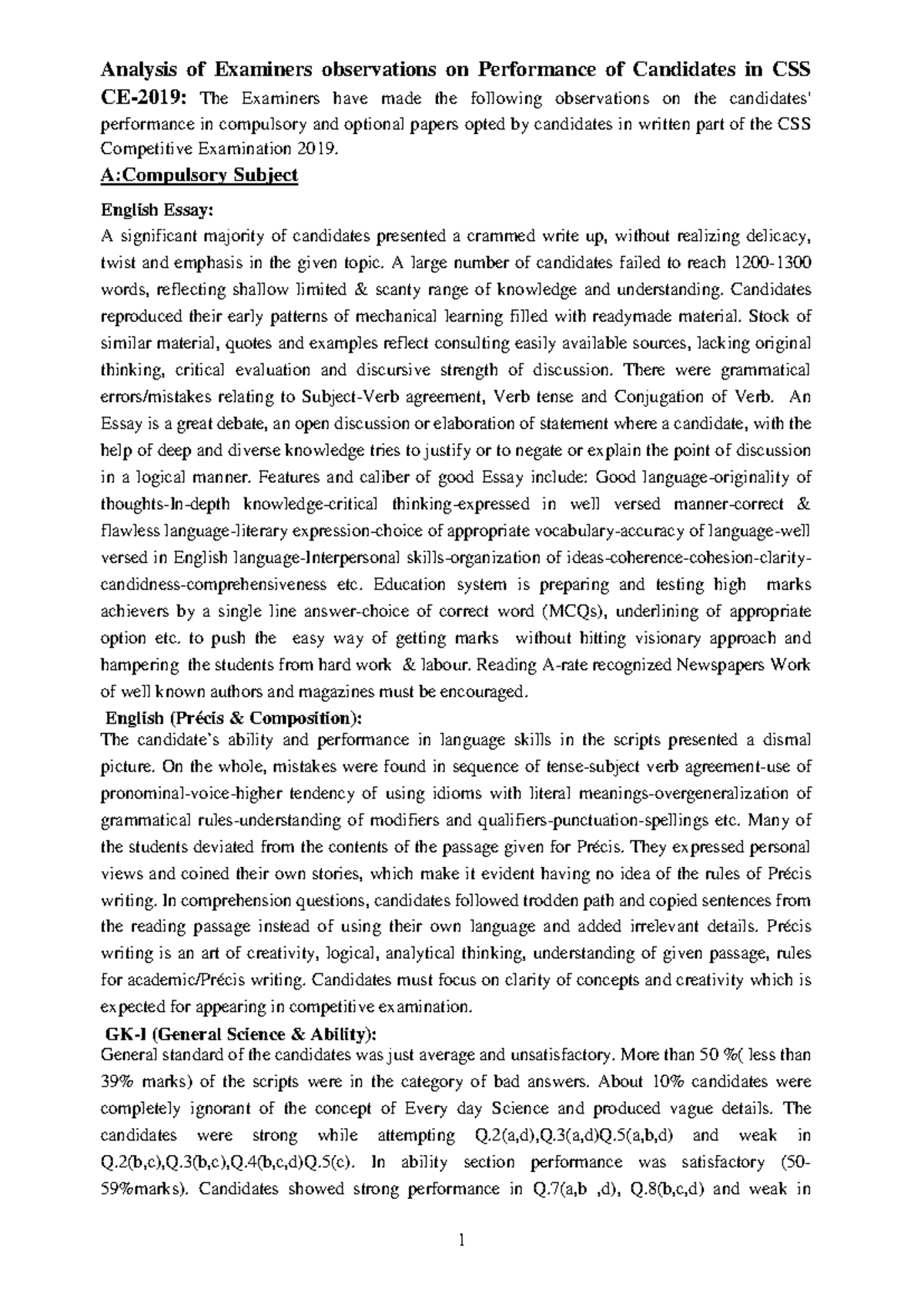 Examiner Reports CE-2019 - Analysis of Examiners observations on ...