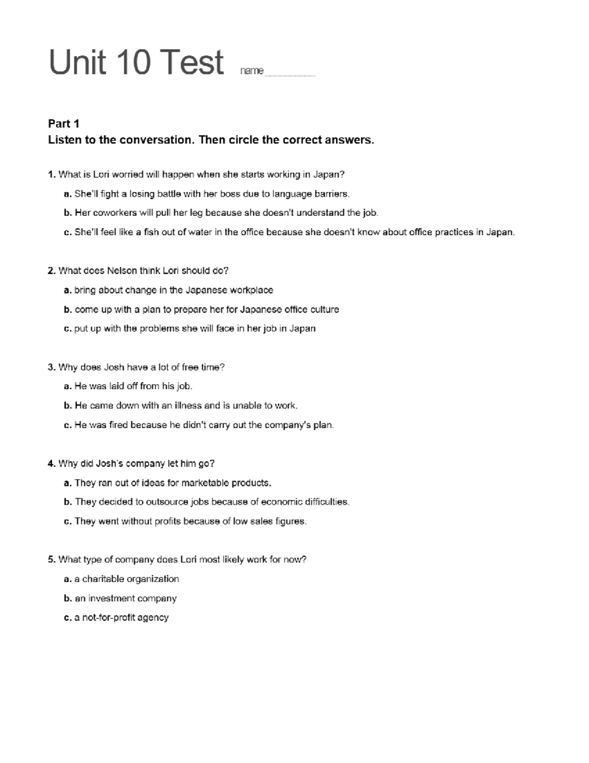 Unit 10 Test: Listening and Conversation Practice - Studocu