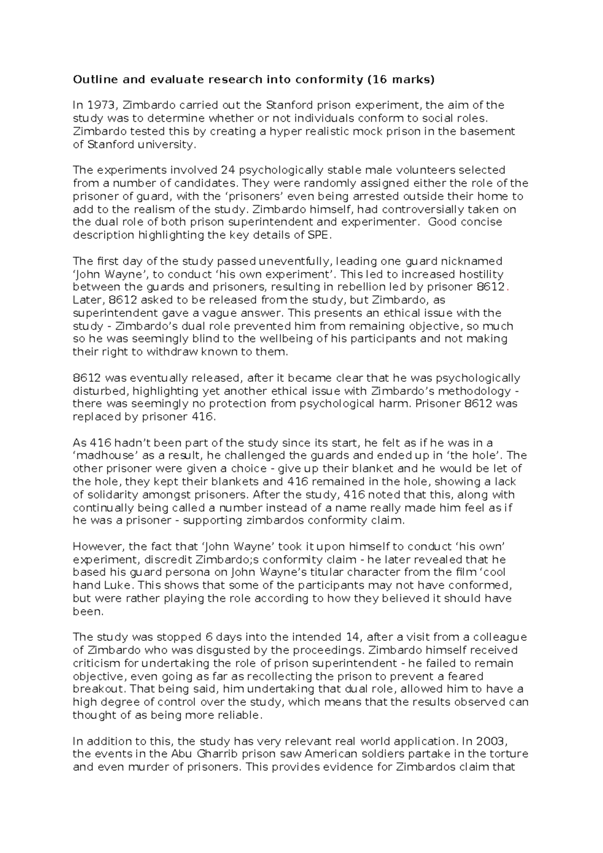 Research Evaluation of Zimbardo's Conformity Study (Psych 101) - Studocu