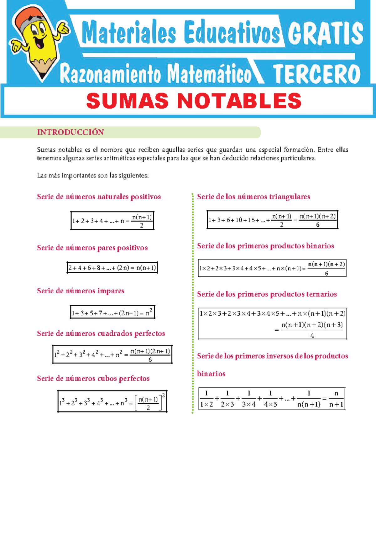 Ejercicios de Sumas Notables para Secundaria - Tercer Grado - Studocu