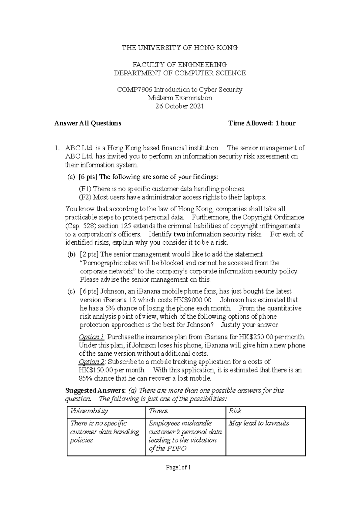 Sample Midterm (Sugested Outlines) - Page 1 of 1 THE UNIVERSITY OF HONG ...