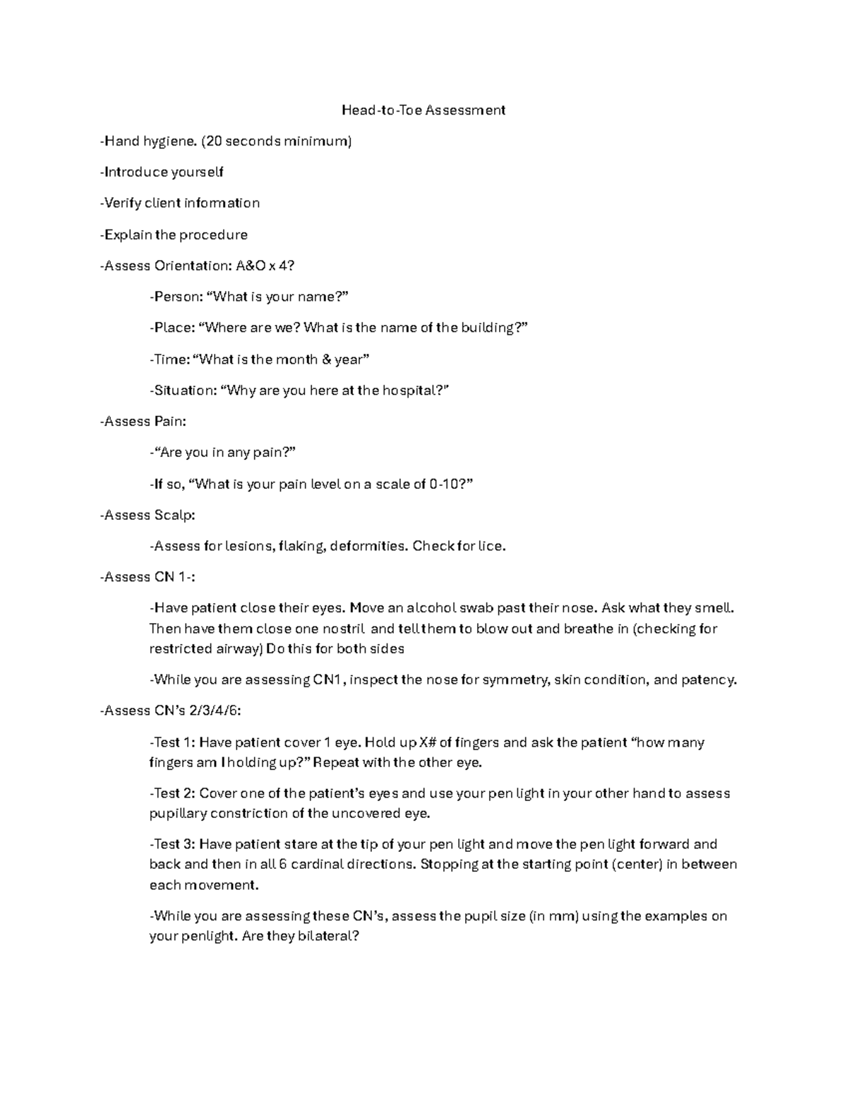 Head to Toe Assessment (HSC 101) - Comprehensive Guide - Studocu