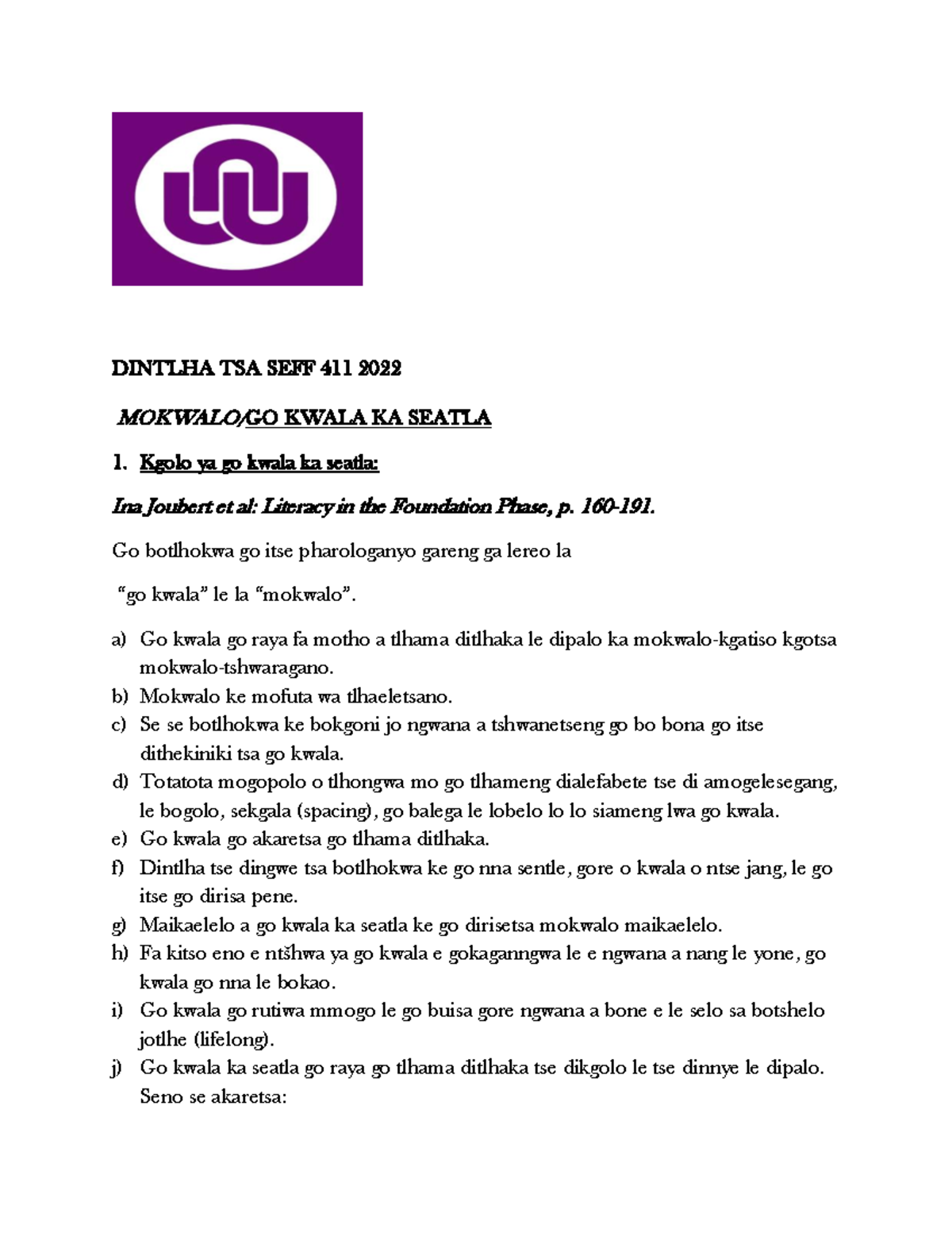 SEFF 411: Dintlha tsa go Kwala ka Seatla le Bokgoni jwa Bana - Studocu