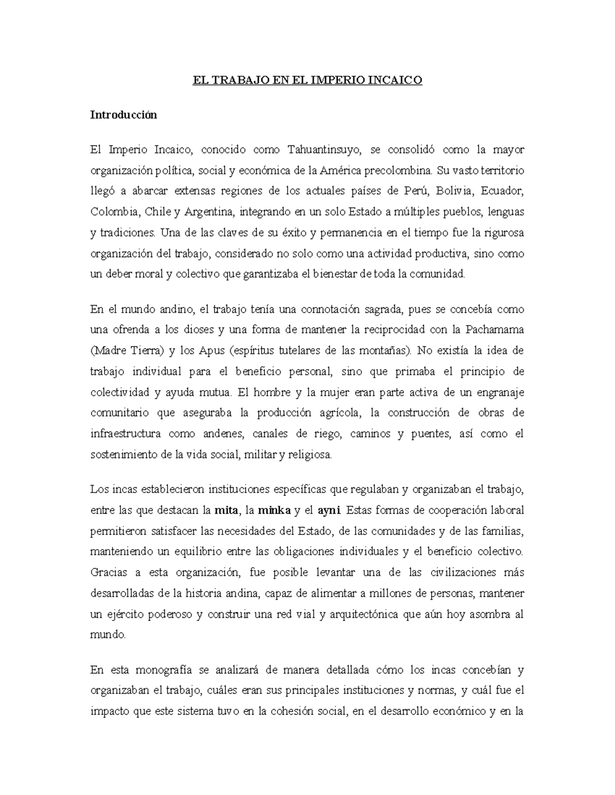 Monografía sobre el Trabajo en el Imperio Incaico: Organización y ...
