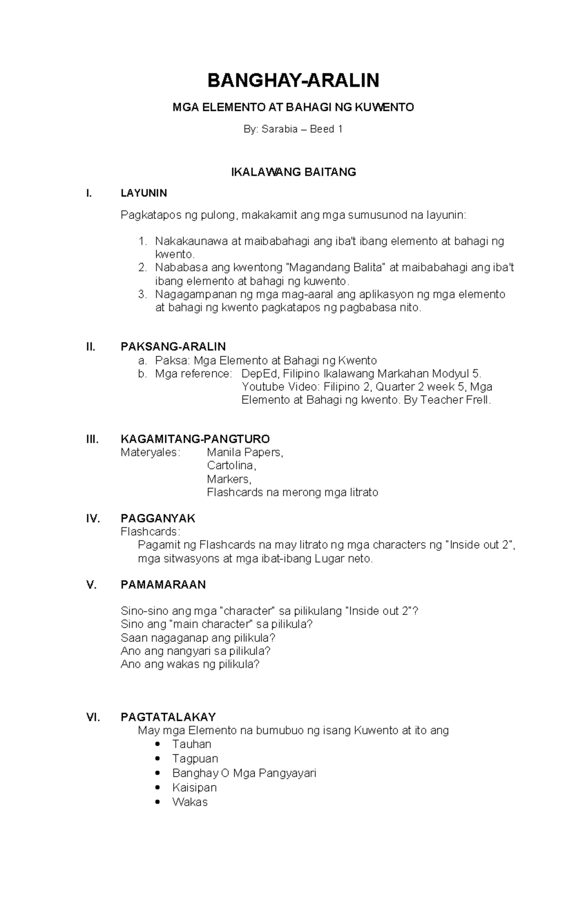 Banghay-Aralin sa Mga Elemento at Bahagi ng Kuwento (Filipino 2) - Studocu
