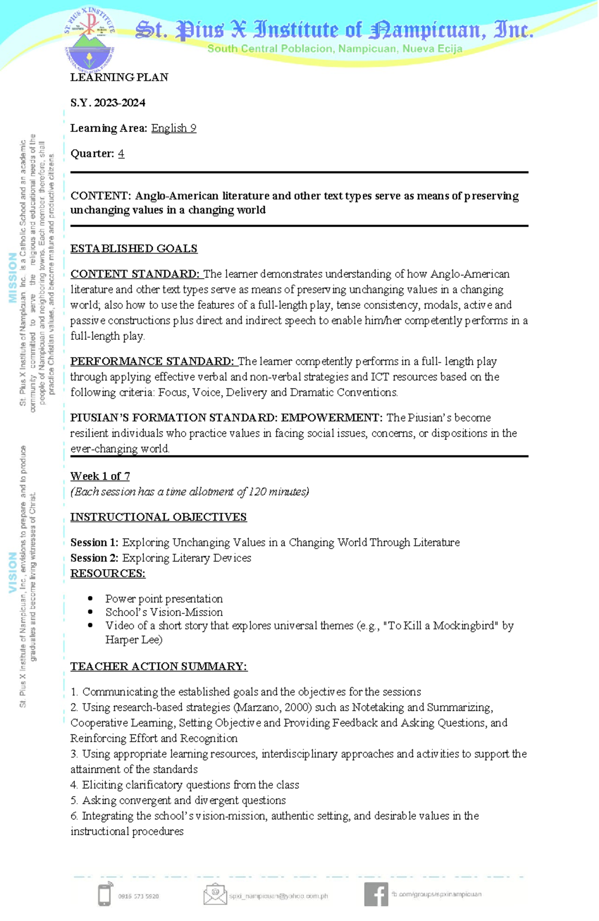Grade 9 English Q4 Week 1 Lesson Plan: Exploring Literature and Values ...