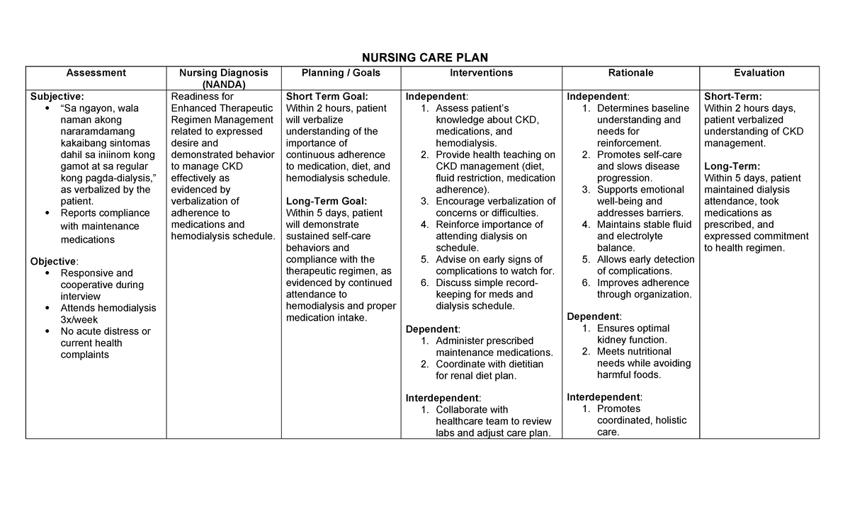 NURS 101: Nursing Care Plan for CKD Management and Patient Education ...
