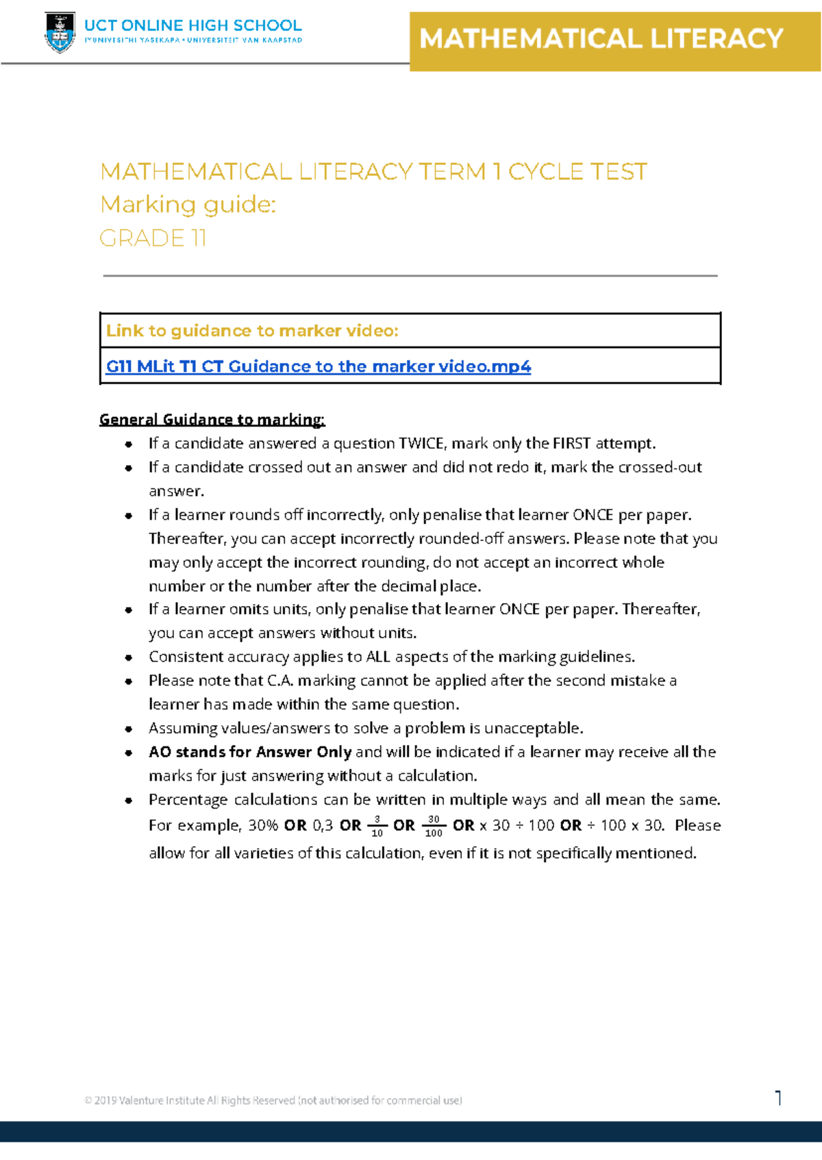G11 Mathematical Literacy Term 1 Cycle Test & Marking Guide - Studocu
