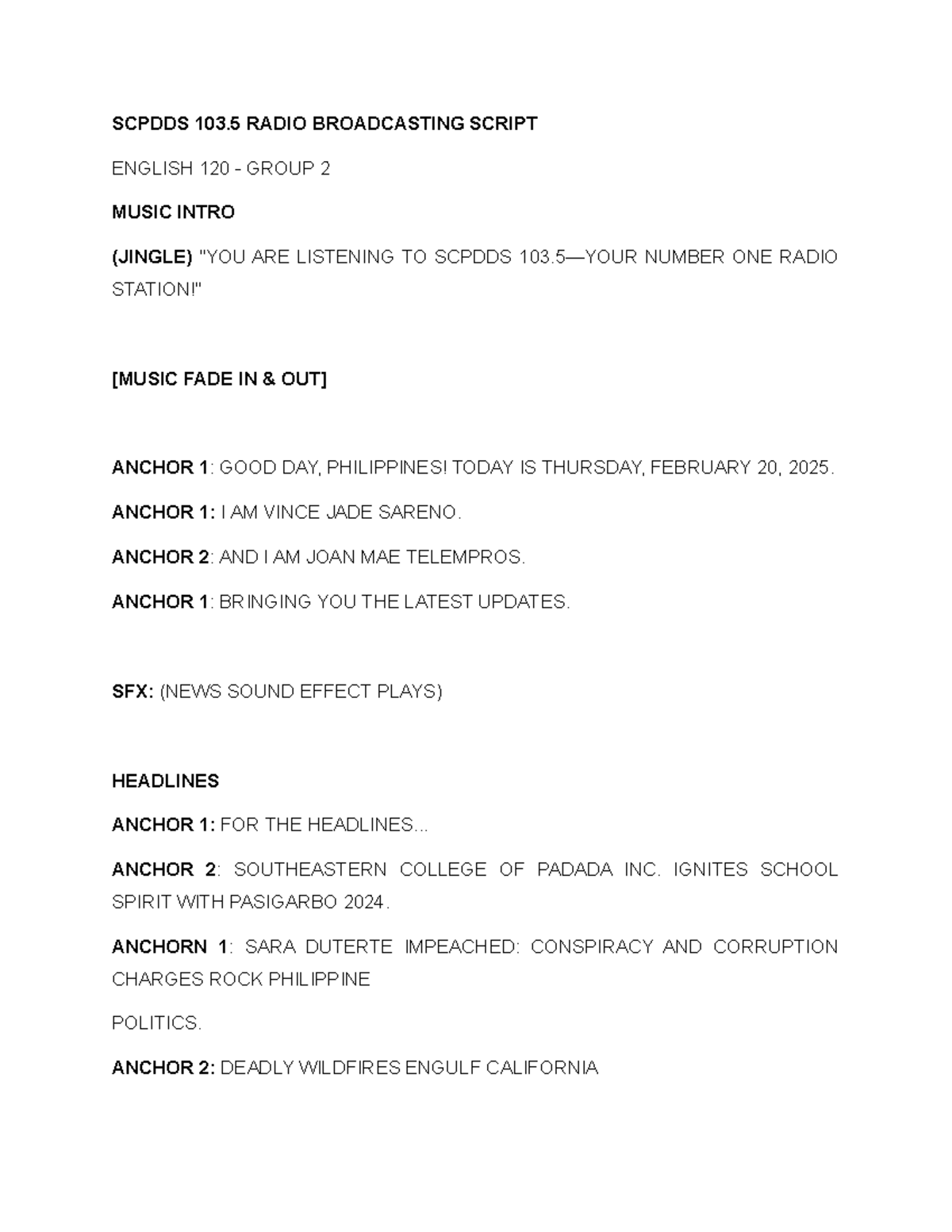 SCPDDS 103 Final Radio Broadcasting Script - Group 2 Production - Studocu
