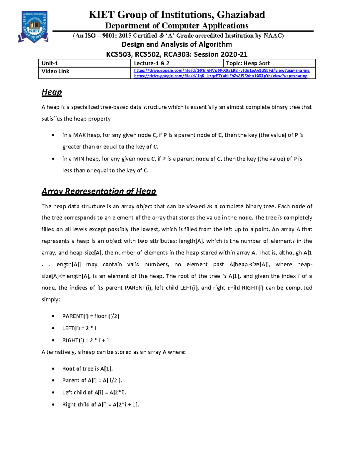 Heap Sort Notes for KCS503: Design and Analysis of Algorithms - Studocu