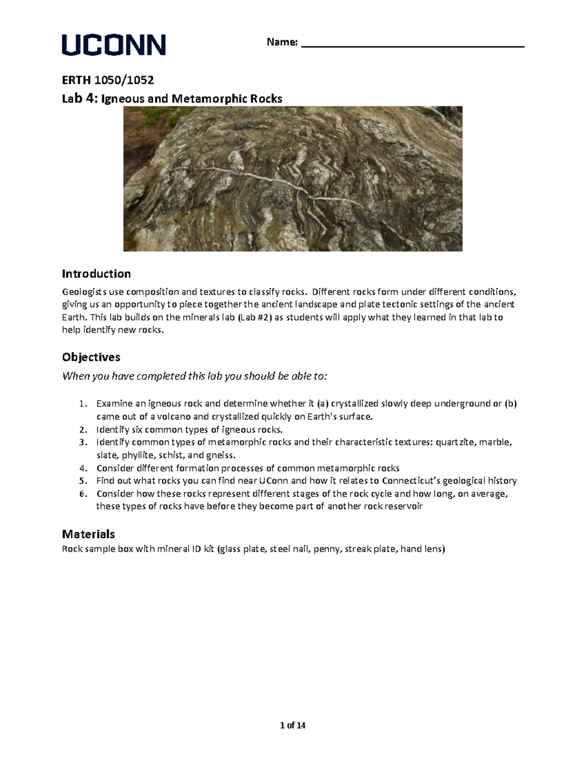 ERTH1052 Lab 4: Igneous & Metamorphic Rocks Worksheet - Studocu