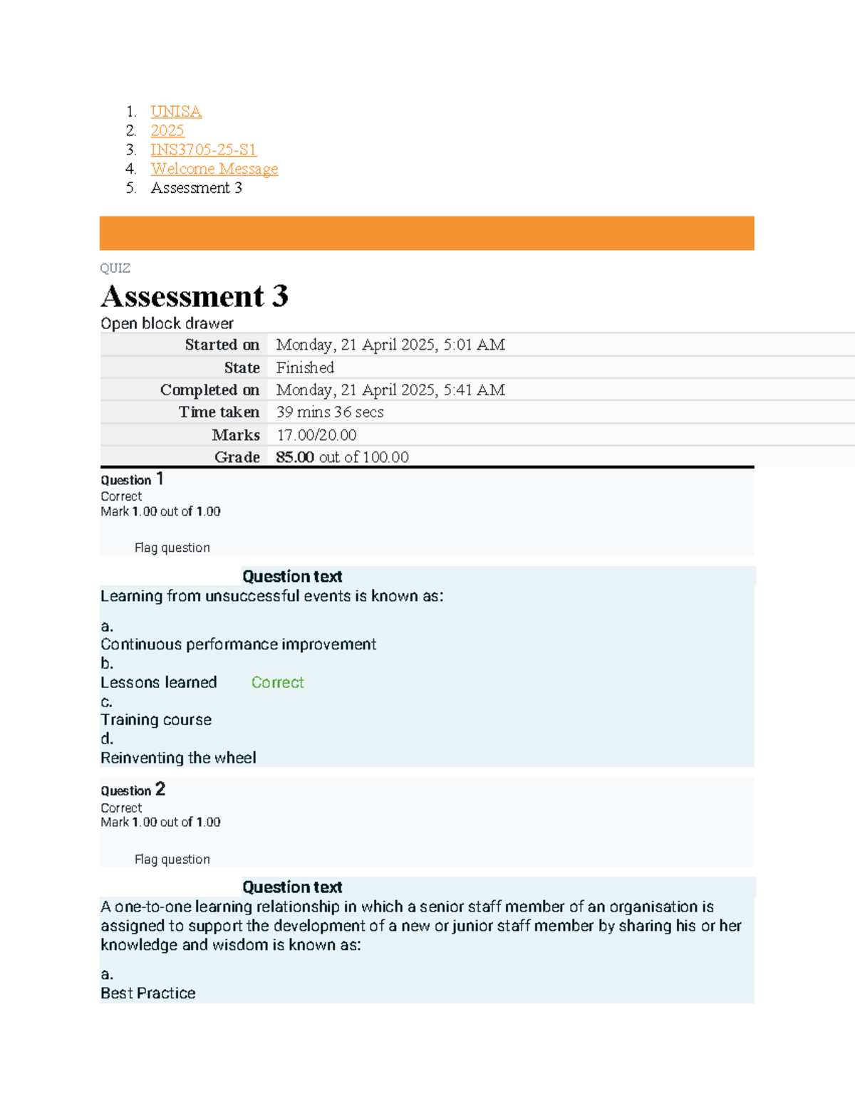 UNISA 2025 INS3705 Quiz Assessment 3: Knowledge Management Concepts ...