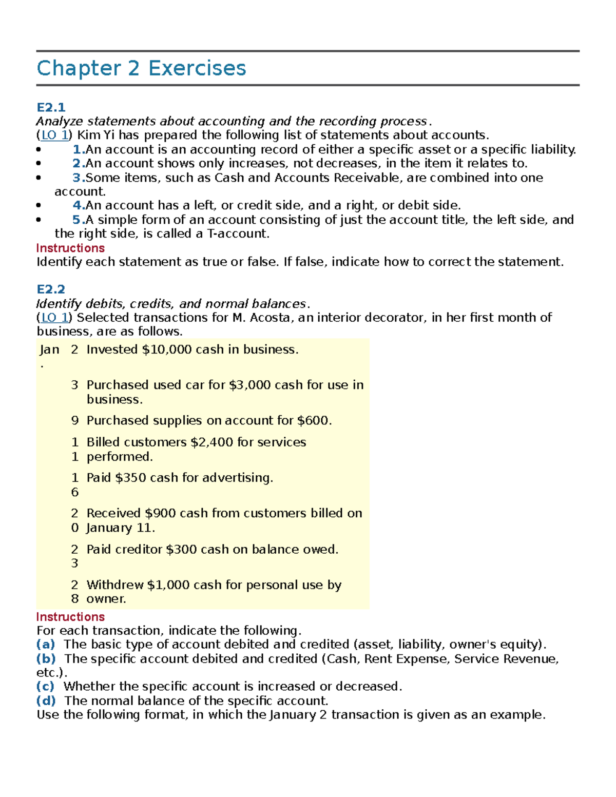 Chapter 2 Exercise Solutions for Accounting Basics (ACCT101) - Studocu