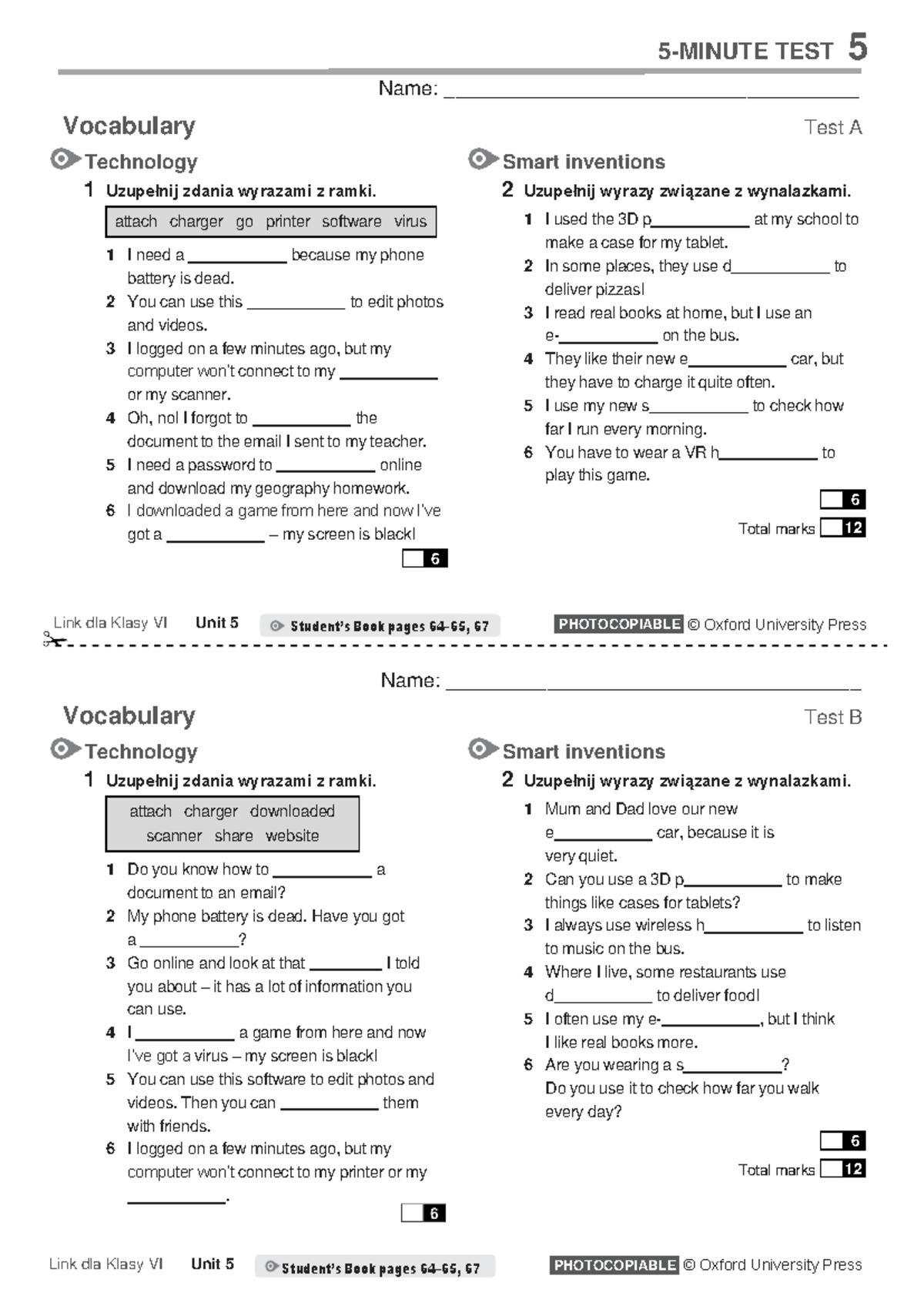 U5 5-Minute Vocabulary Test - Angielski for Klasa VI - Studocu