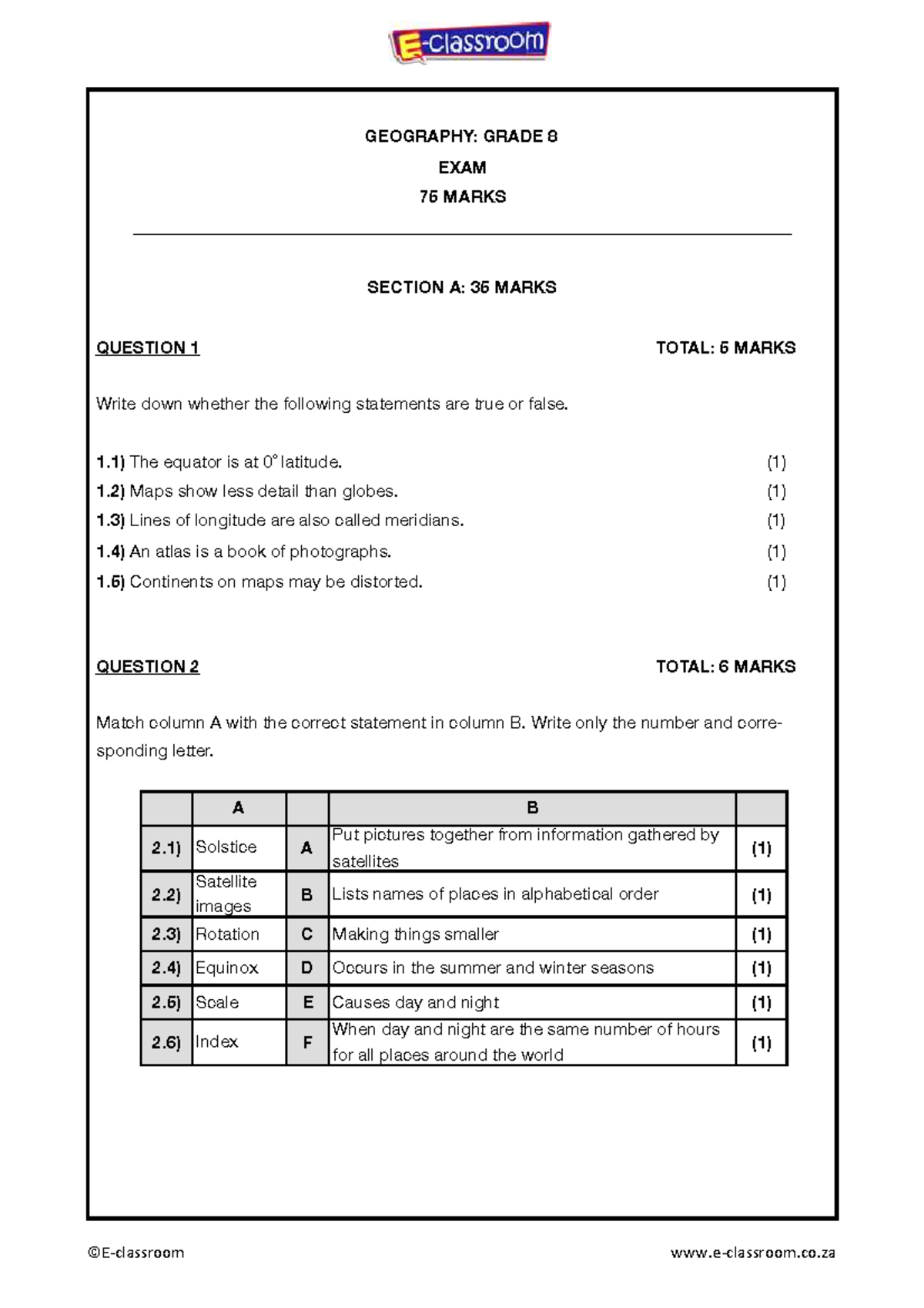 GEOGRAPHY GRADE 8: TERM 2 EXAM PRACTICE PAPER (75 MARKS) - Studocu