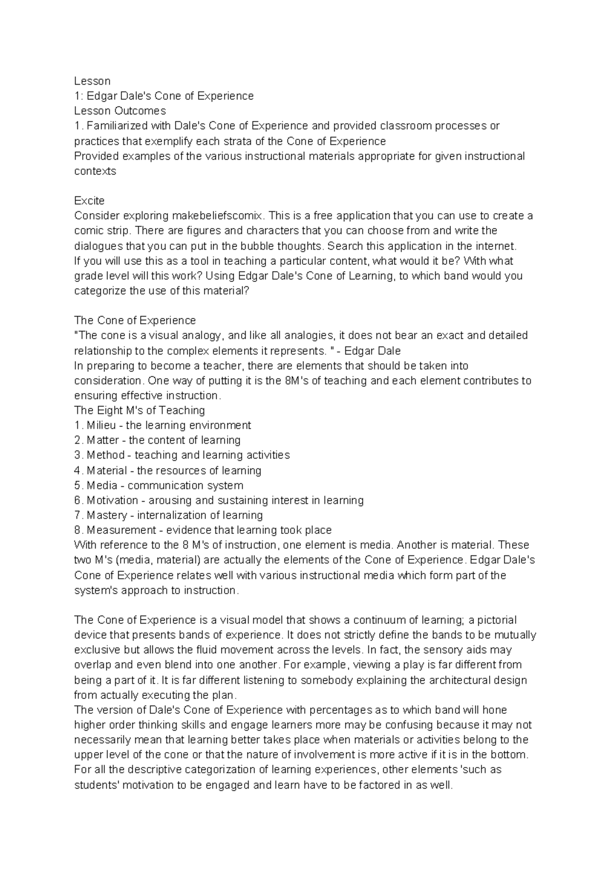 ED 9: Lesson 1 - Understanding Edgar Dale's Cone of Experience - Studocu
