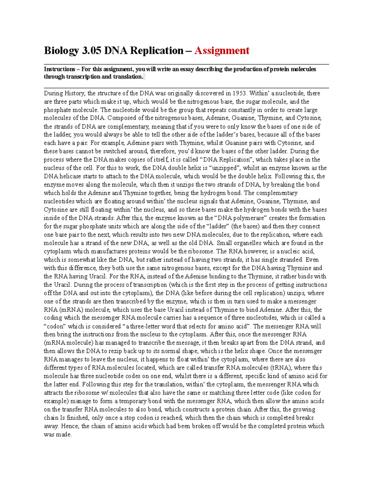 Biology 3.05 DNA Replication - Biology 3 DNA Replication – Assignment ...