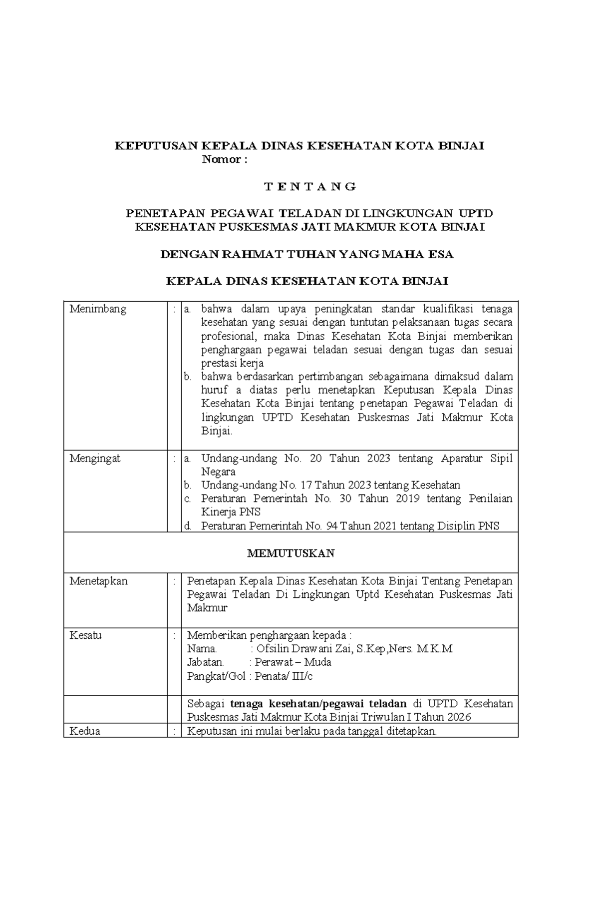 SK Pegawai Teladan UPTD Kesehatan Puskesmas Jati Makmur Kota Binjai ...