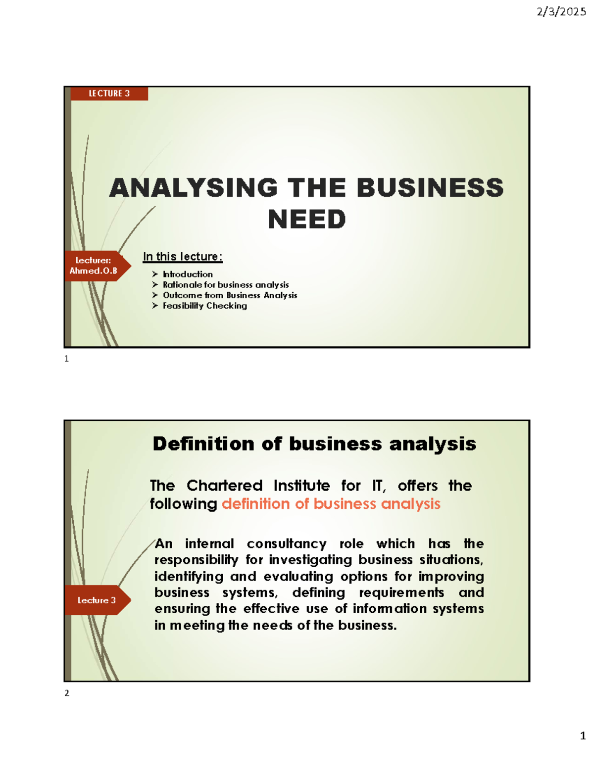 LECTURE 3: ANALYSING THE BUSINESS NEED (Course Code: Lec4) - Studocu