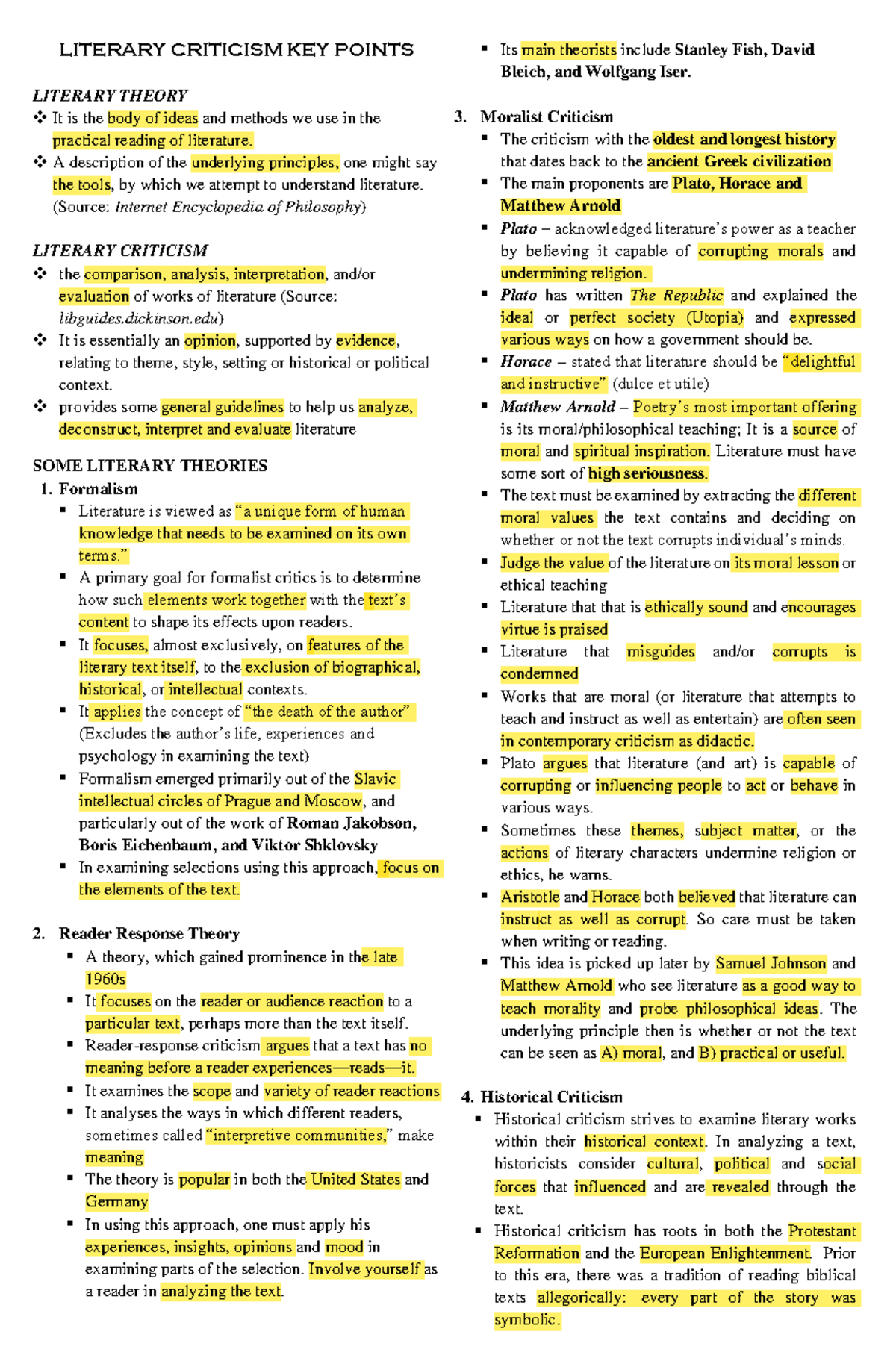 LIT 101: Key Points in Literary Criticism and Theories - Studocu