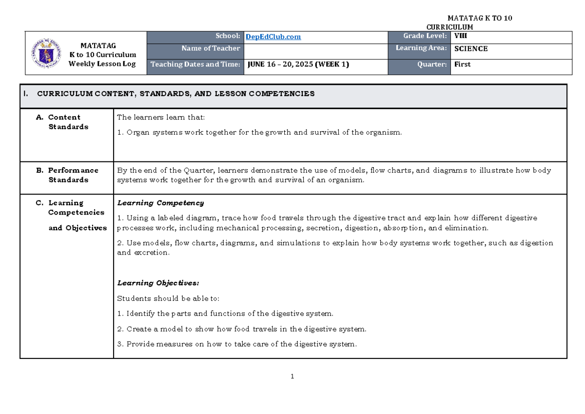 MATATAG K to 10 Curriculum: Science 8 Weekly Lesson Log Q1 W1 - Studocu